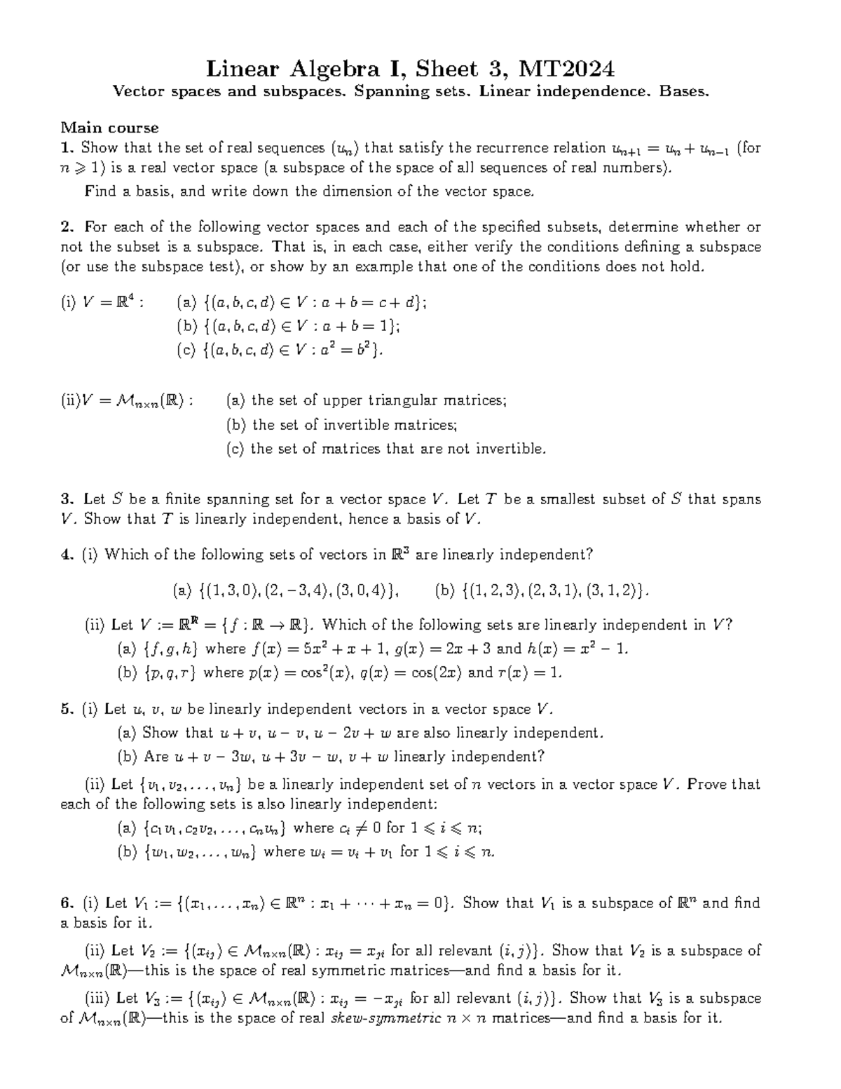 Linear Algebra I, MT2024 - Vector Spaces & Subspaces Analysis - Studocu