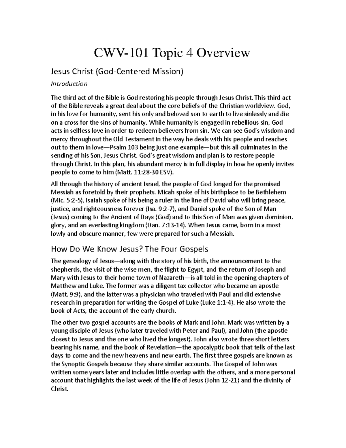 CWV 101 Topic 4 Overview: The God-Centered Mission of Jesus Christ ...