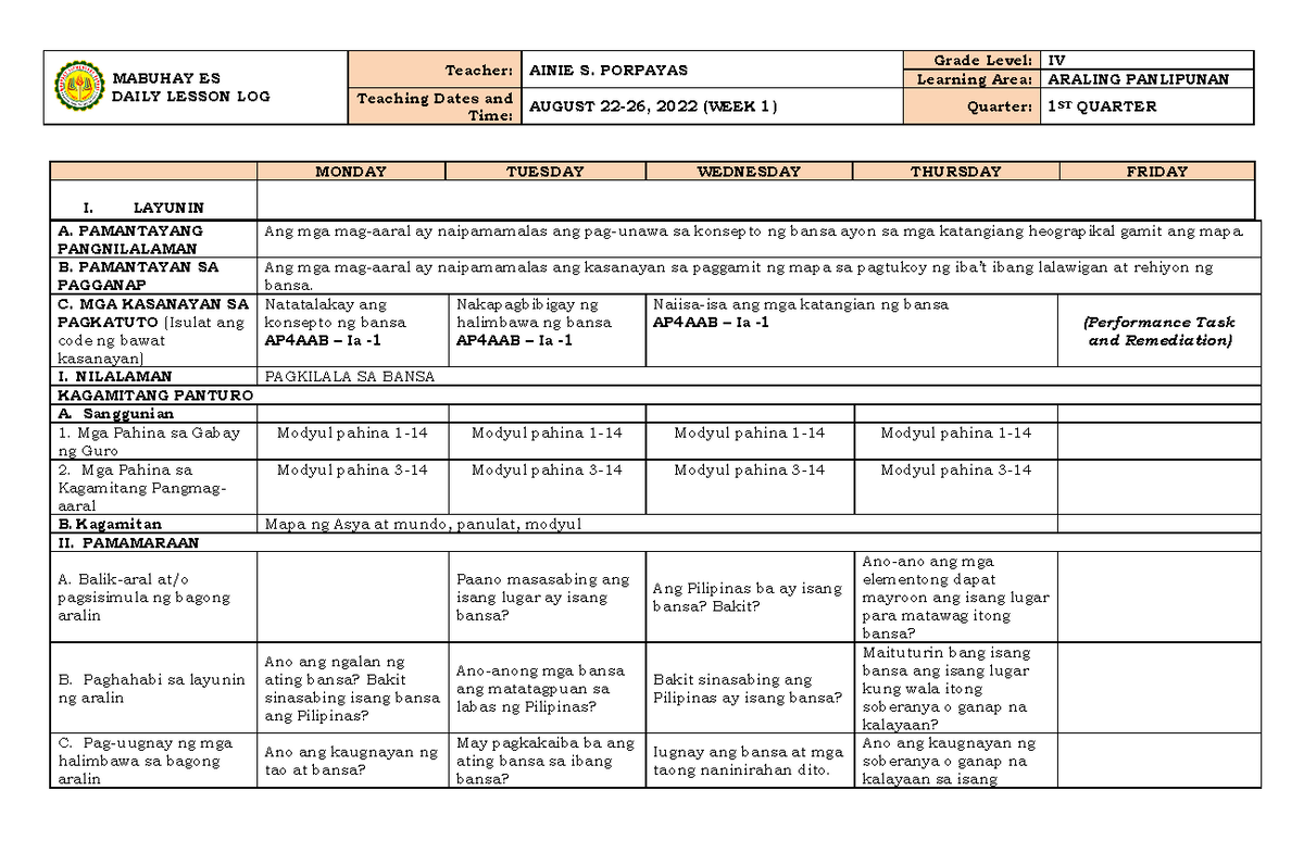 Araling Panlipunan 4: Q1 W1 Daily Lesson Log at Plan 2022 - Studocu