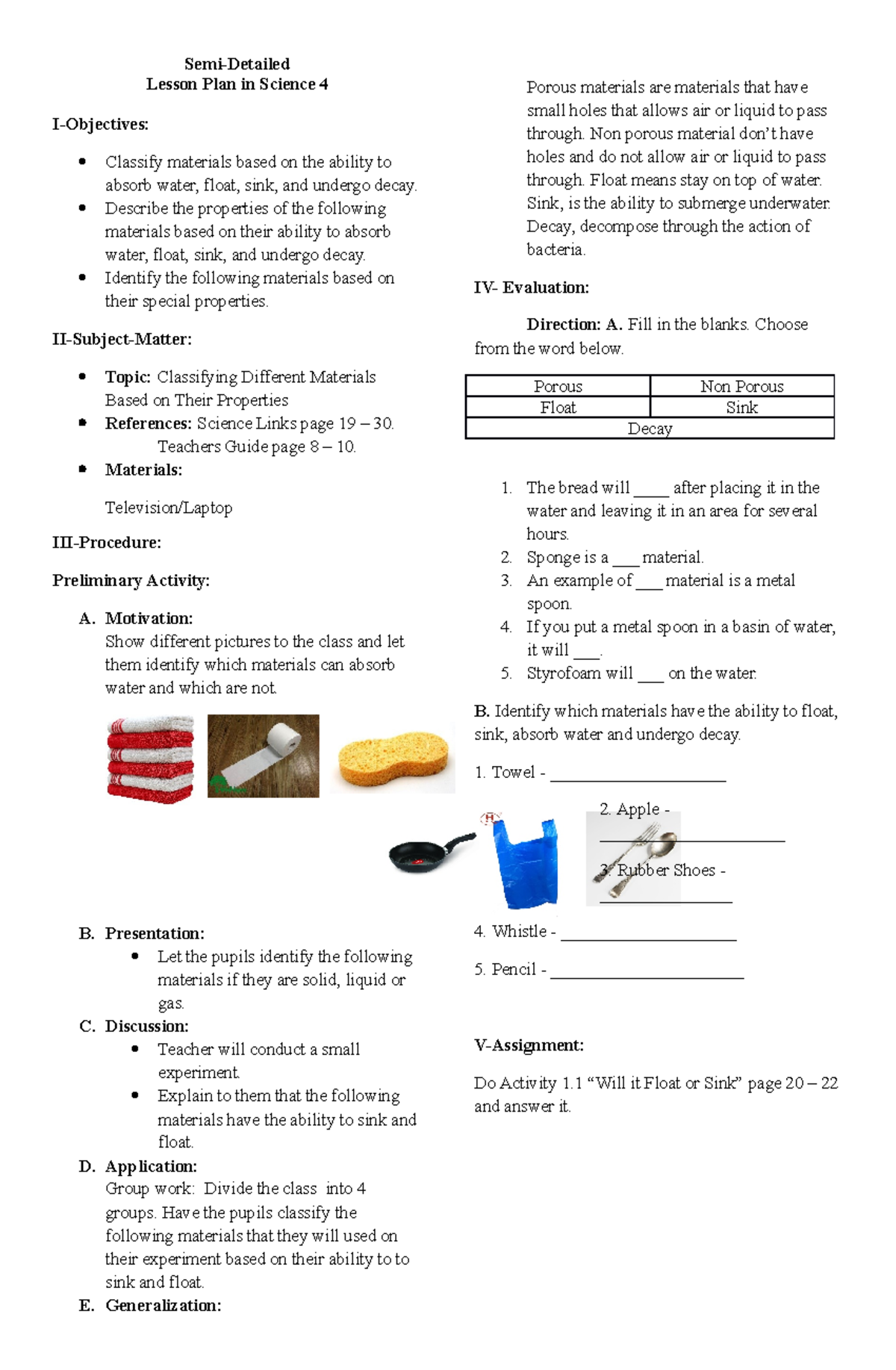 LP 1 Lesson Plan: Classifying Materials by Water Absorption - Studocu