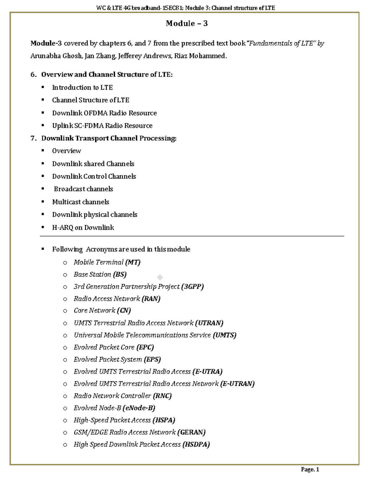 WC LTE 4G Module 3: Overview of LTE Channel Structure and Processing ...