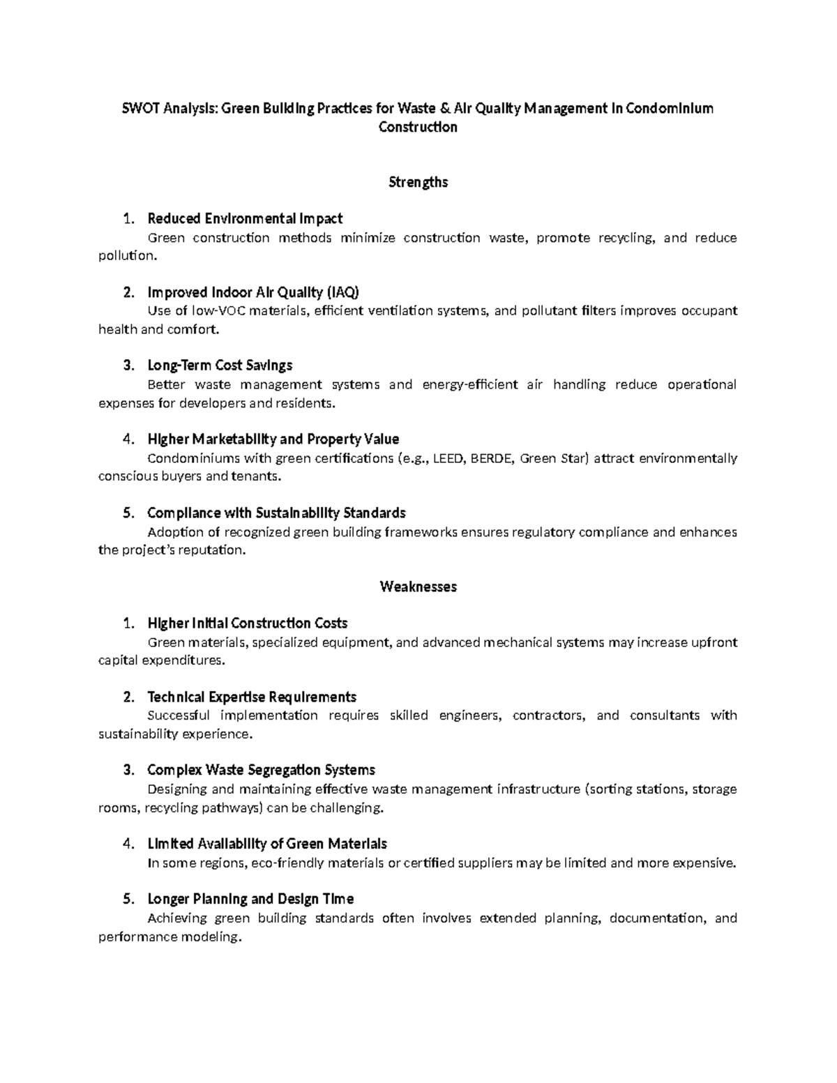 SWOT Analysis: Green Building Practices for Waste Management - Studocu
