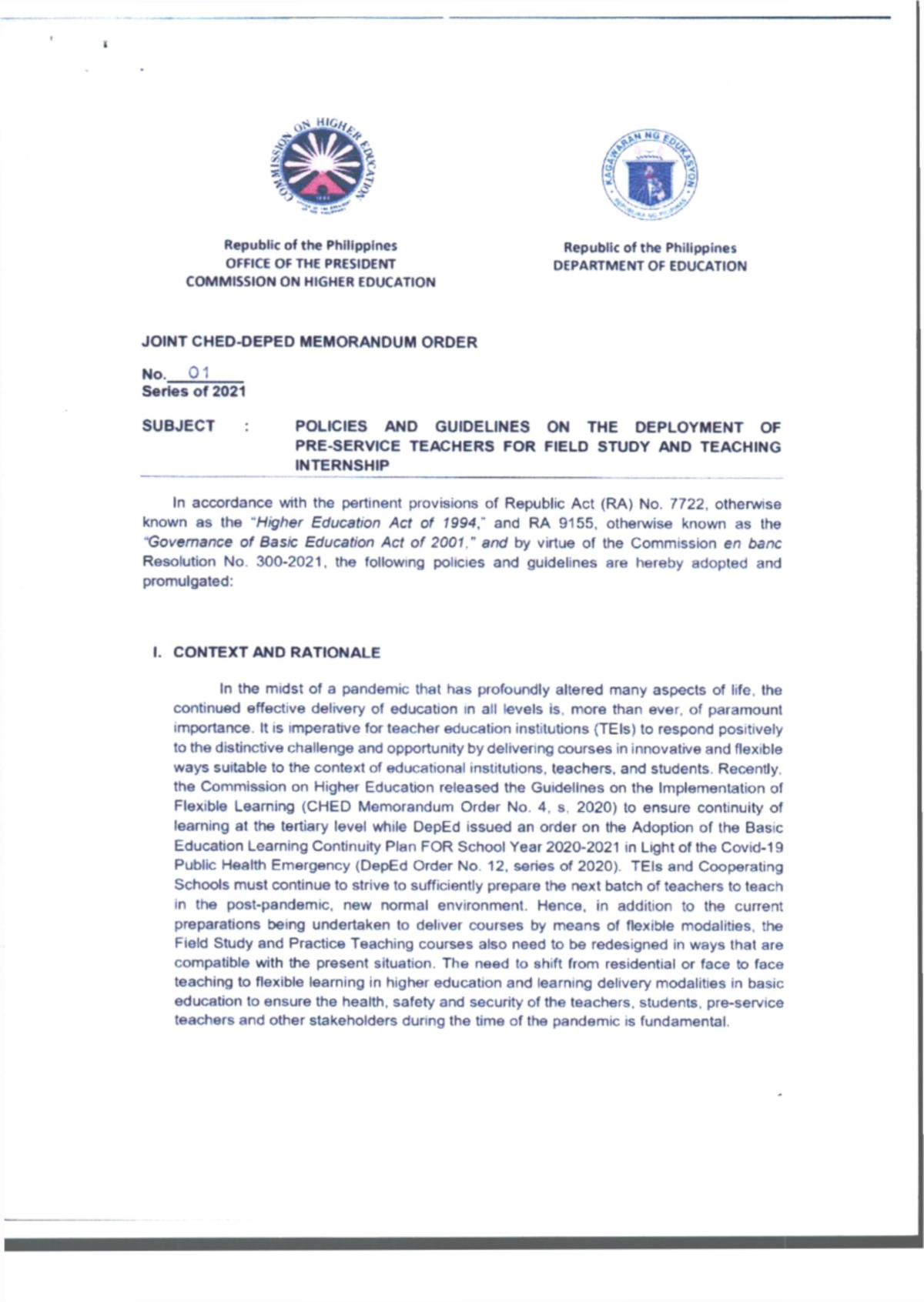 Joint Memo CHED-DepEd No. 01, S2021: Guidelines for Teacher Deployment - Studocu