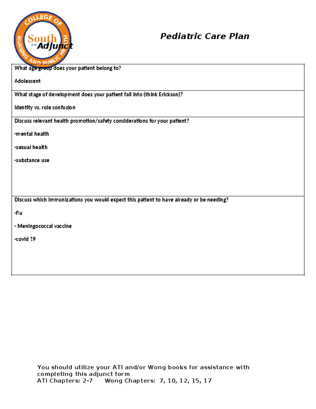 Pediatric Care Plan Adjunct wk3: Adolescent Health Considerations - Studocu