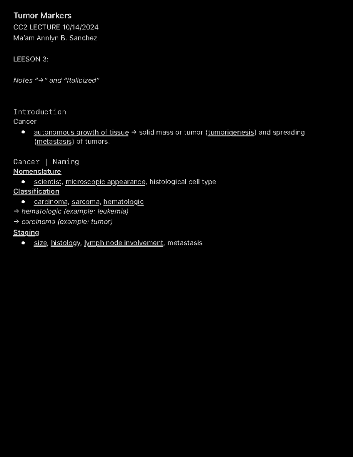 Tumor Markers CC2 LECTURE - Lesson 3 Notes on Cancer and Metastasis ...