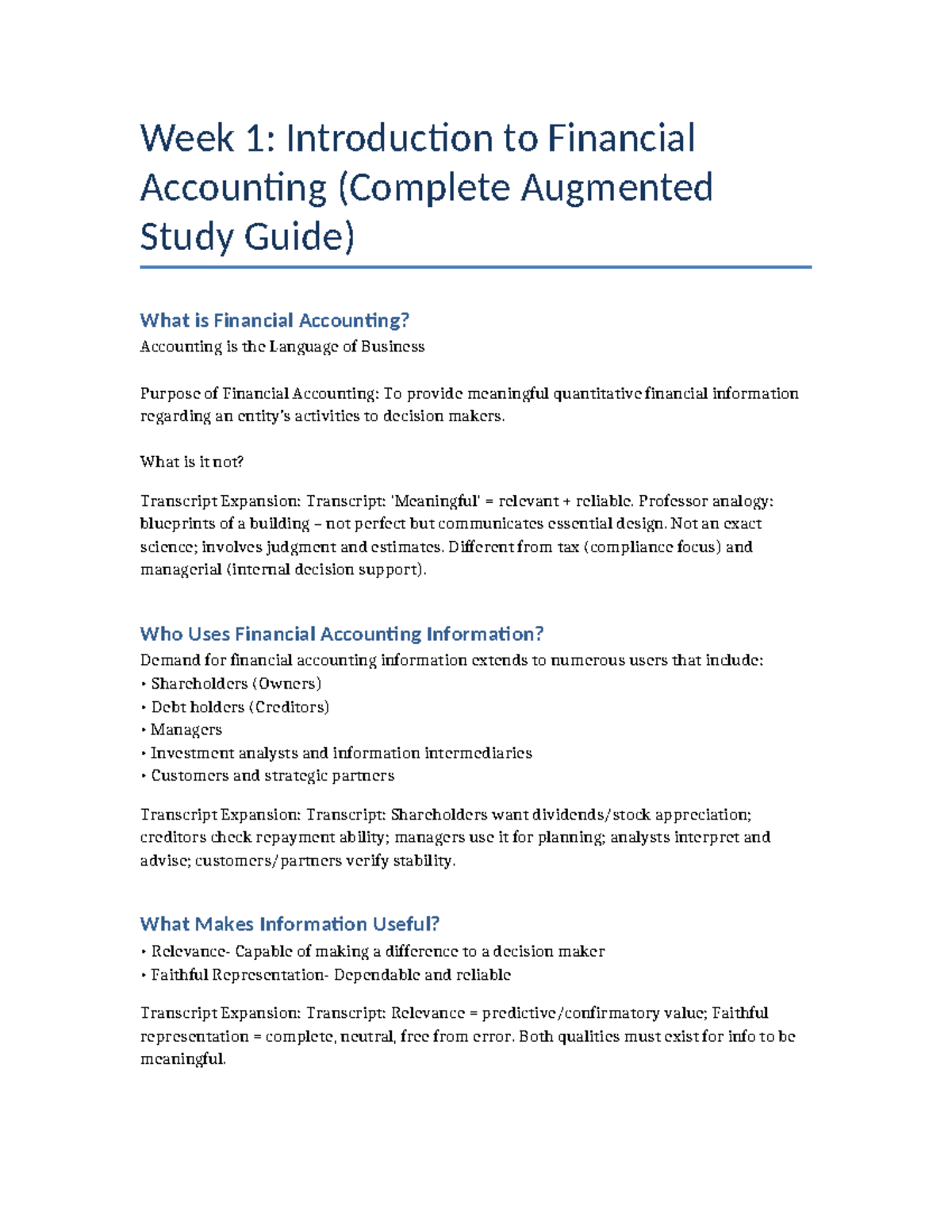 Week 1: Intro to Financial Accounting (Augmented Study Guide) - Studocu