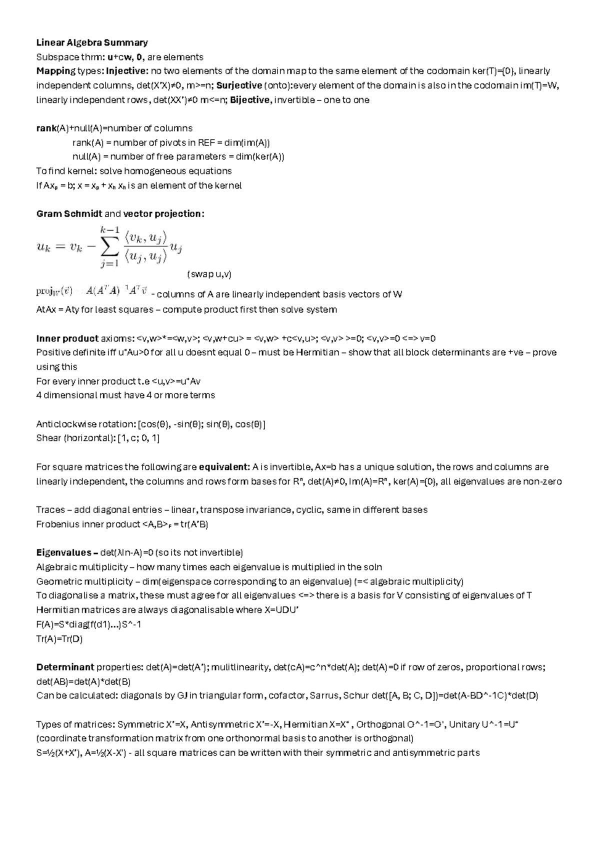 Lin Alg Summary Sheet: Key Theorems & Concepts - Studocu