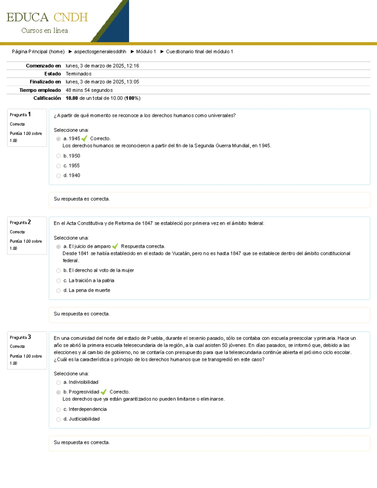 Cuestionario Final Módulo 1: Aspectos Generales de Derechos Humanos - Studocu