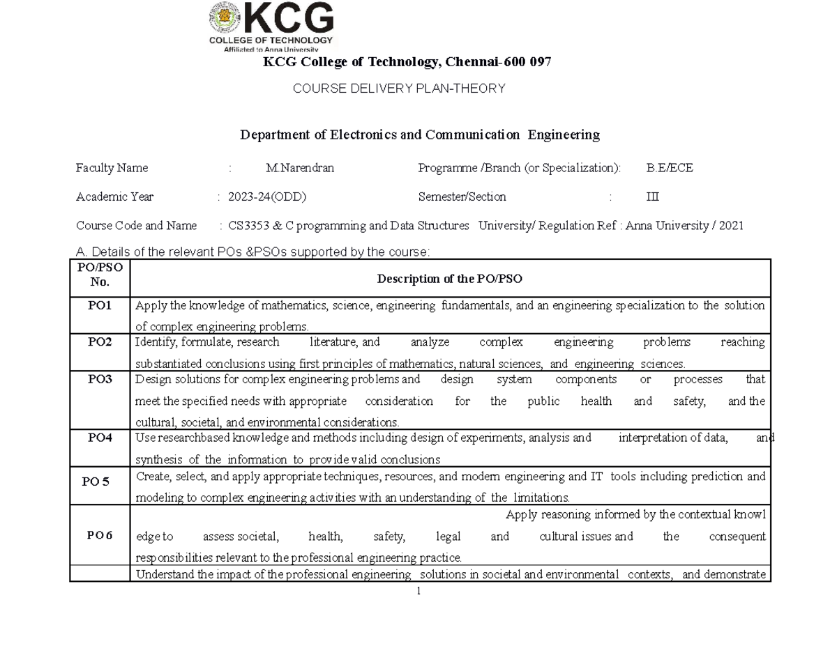 Course Delivery Plan - CS3353 C Programming & Data Structures (2023-24 ...