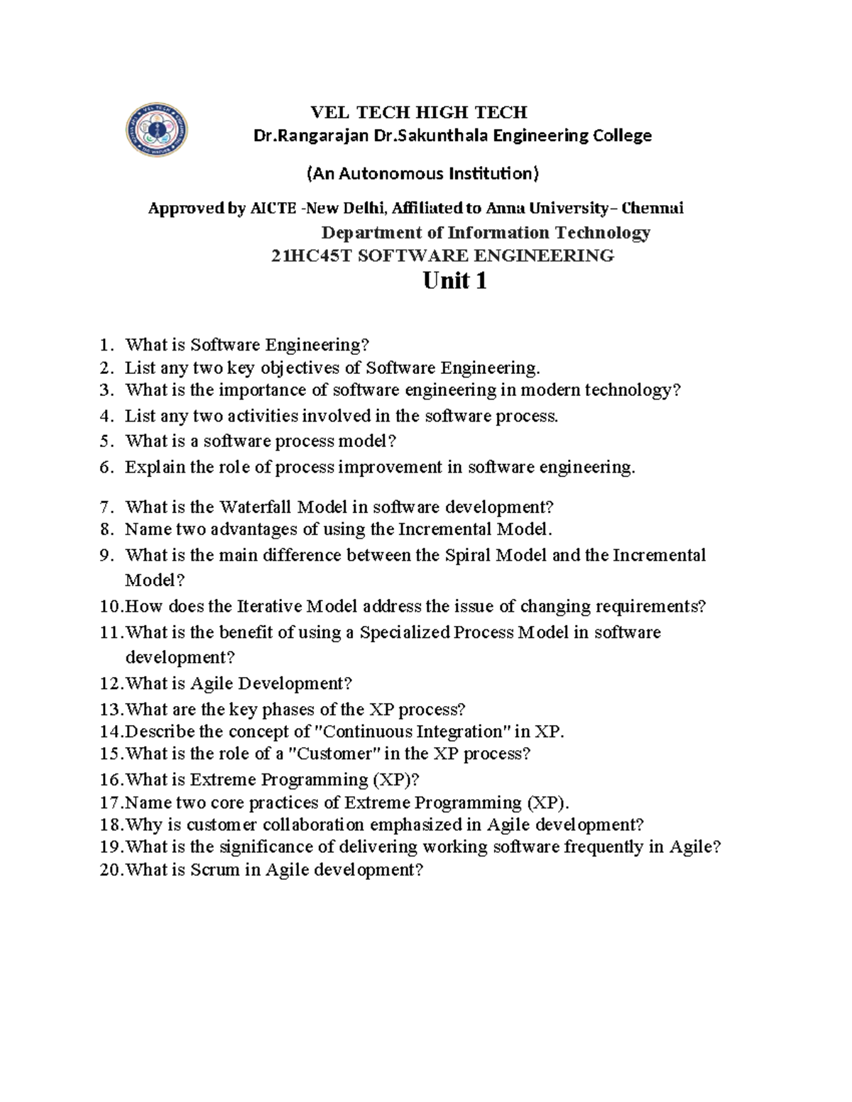 21HC45T Software Engineering Question Bank Overview and Concepts - Studocu