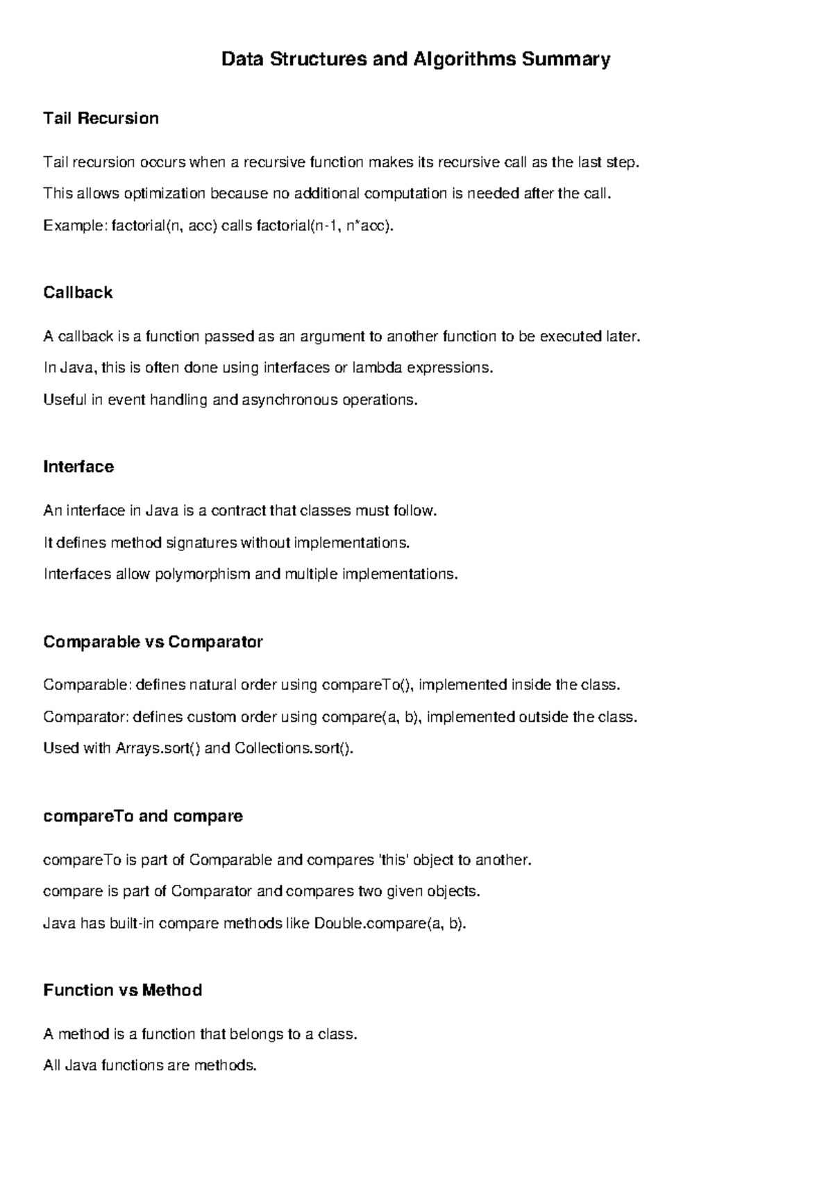 Data Structures & Algorithms Summary: Tail Recursion & Callbacks - Studocu