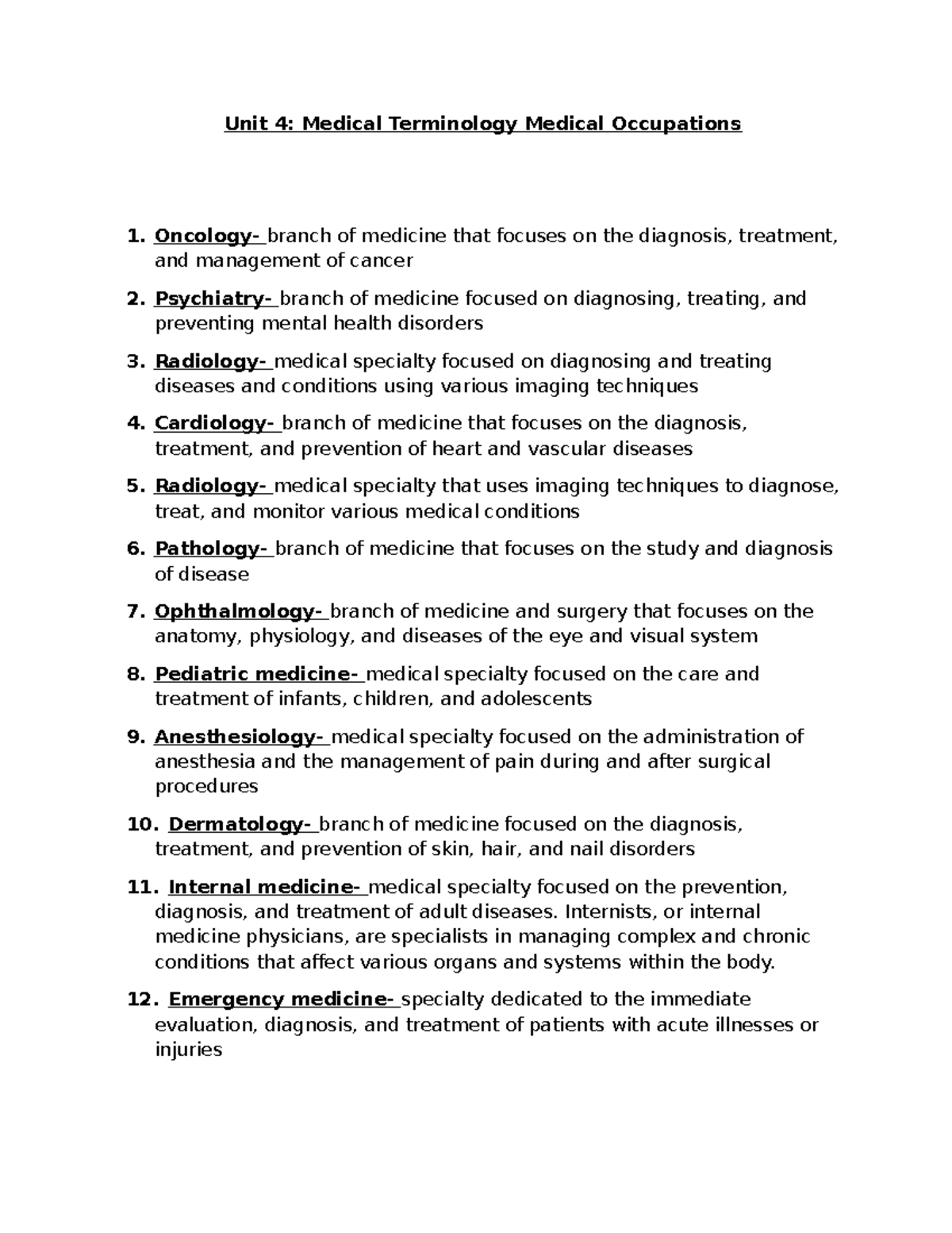 Unit 4 Medical Terminology: Key Medical Occupations Explained - Studocu