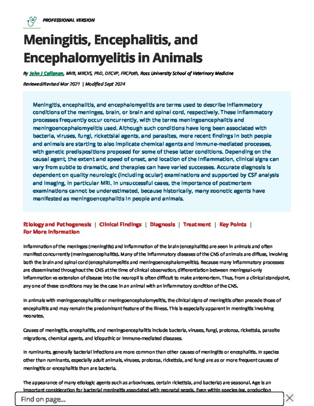 Meningitis, Encephalitis, and Encephalomyelitis in Animals: A ...