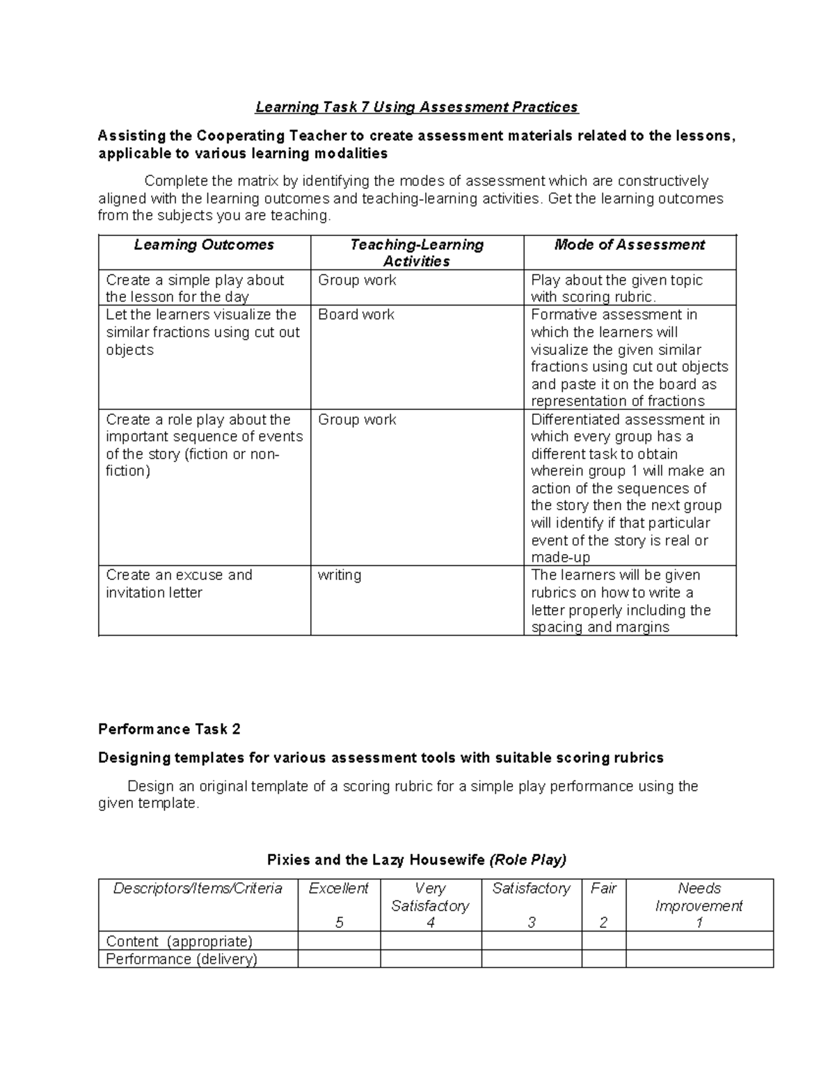 Learning Task 7 - Assessment Practices and Strategies Overview - Studocu