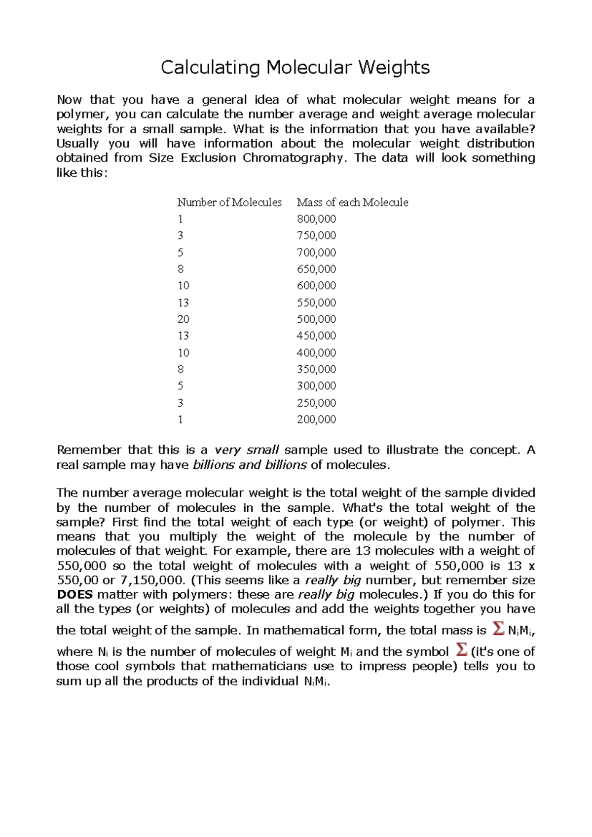 Calculating Number and Weight Average Molecular Weights in Polymers ...