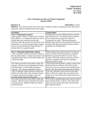 CHEM 343 - Pre-Lab 4 - Adam Abayev H 2 O Prelab 4 Answers- Extraction ...