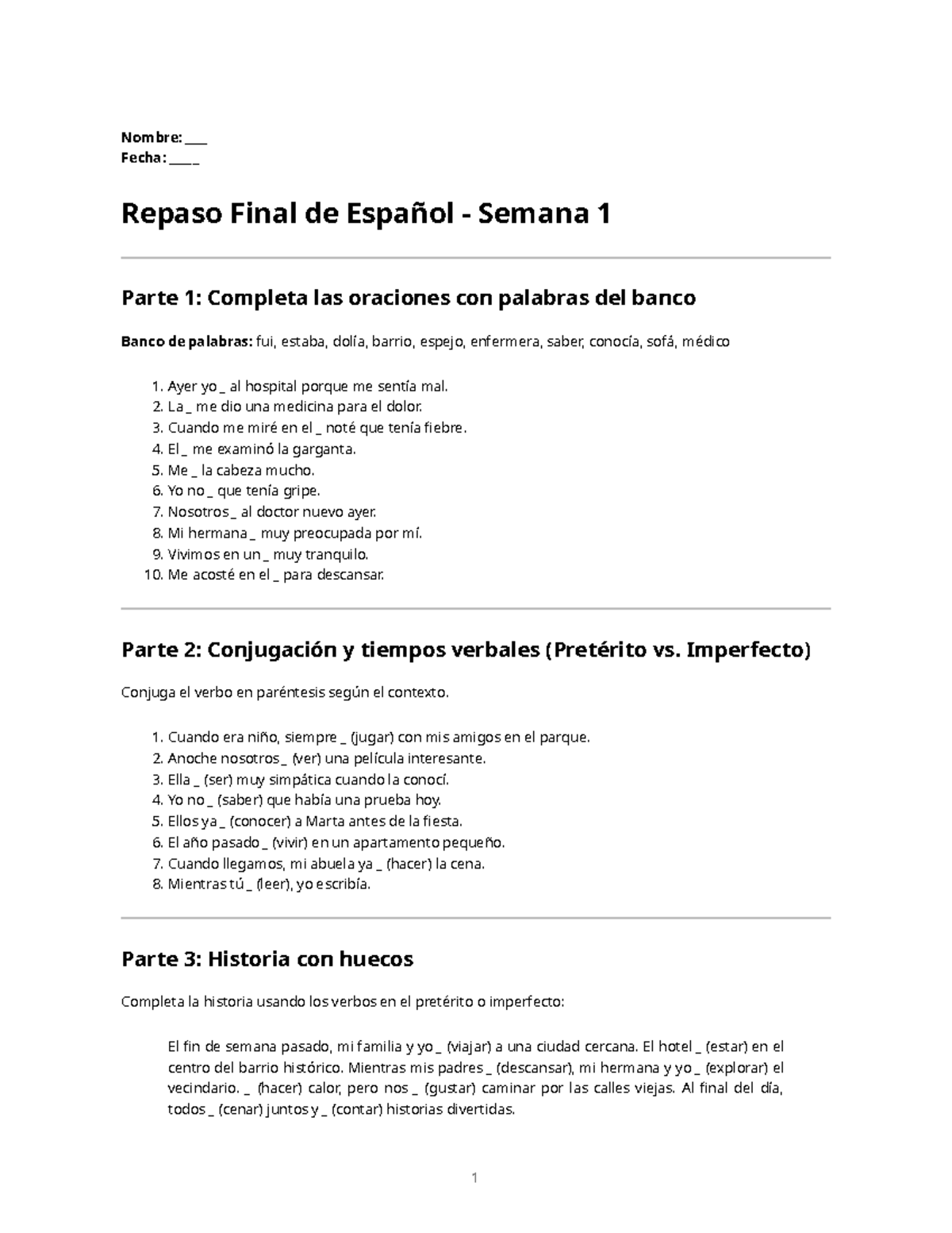 Repaso Final de Español: Ejercicios y Conjugaciones - Studocu