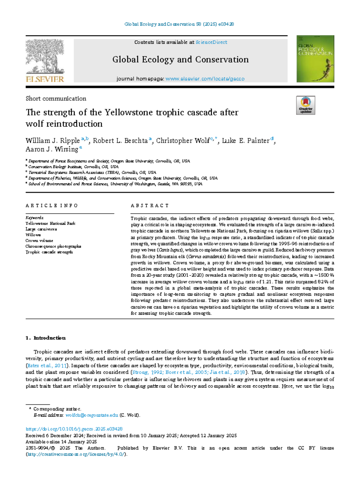 The Strength of the Yellowstone Trophic Cascade Post-Wolf ...