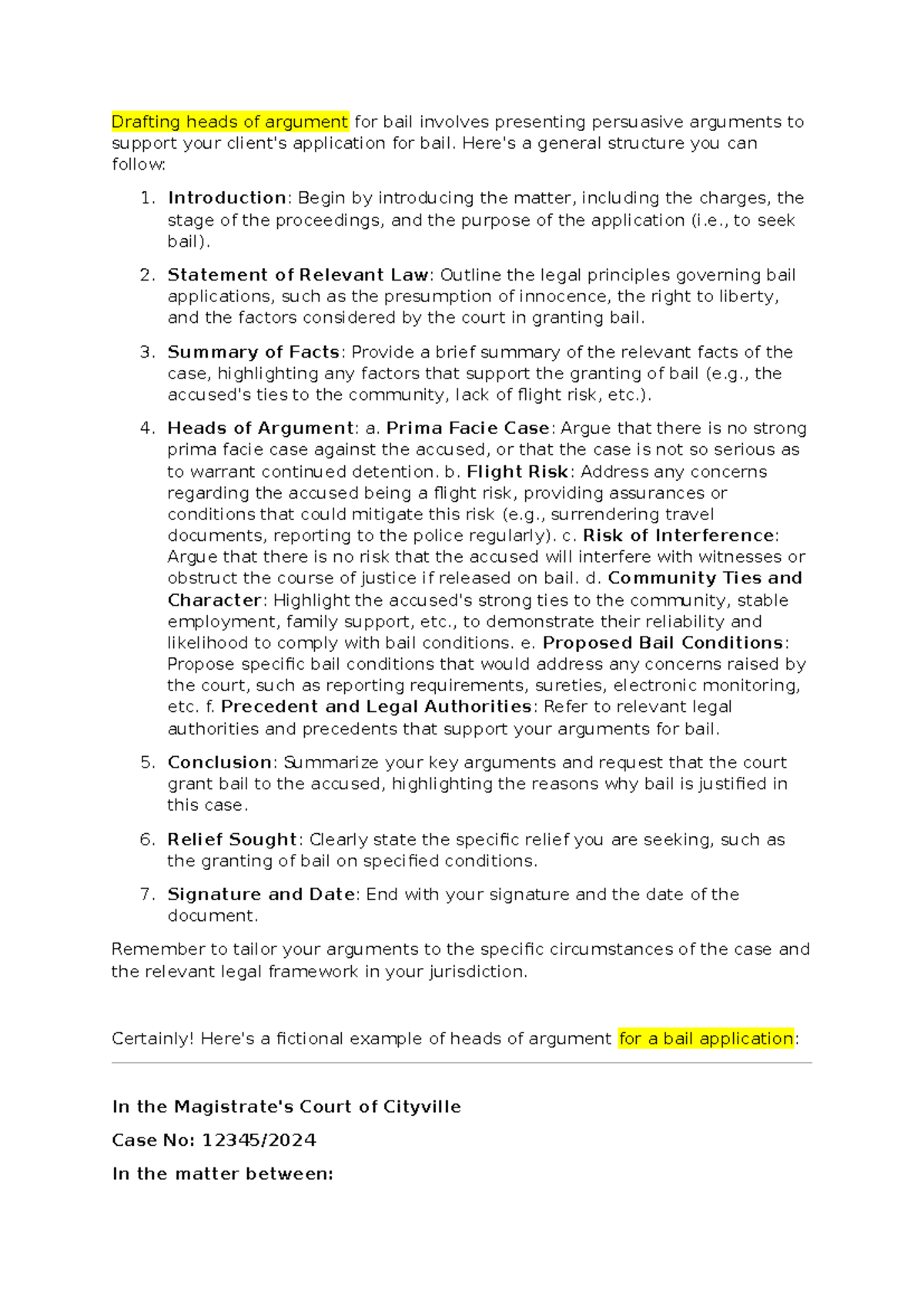 Bail Application Heads of Argument: Persuasive Strategies (LAW 101 ...