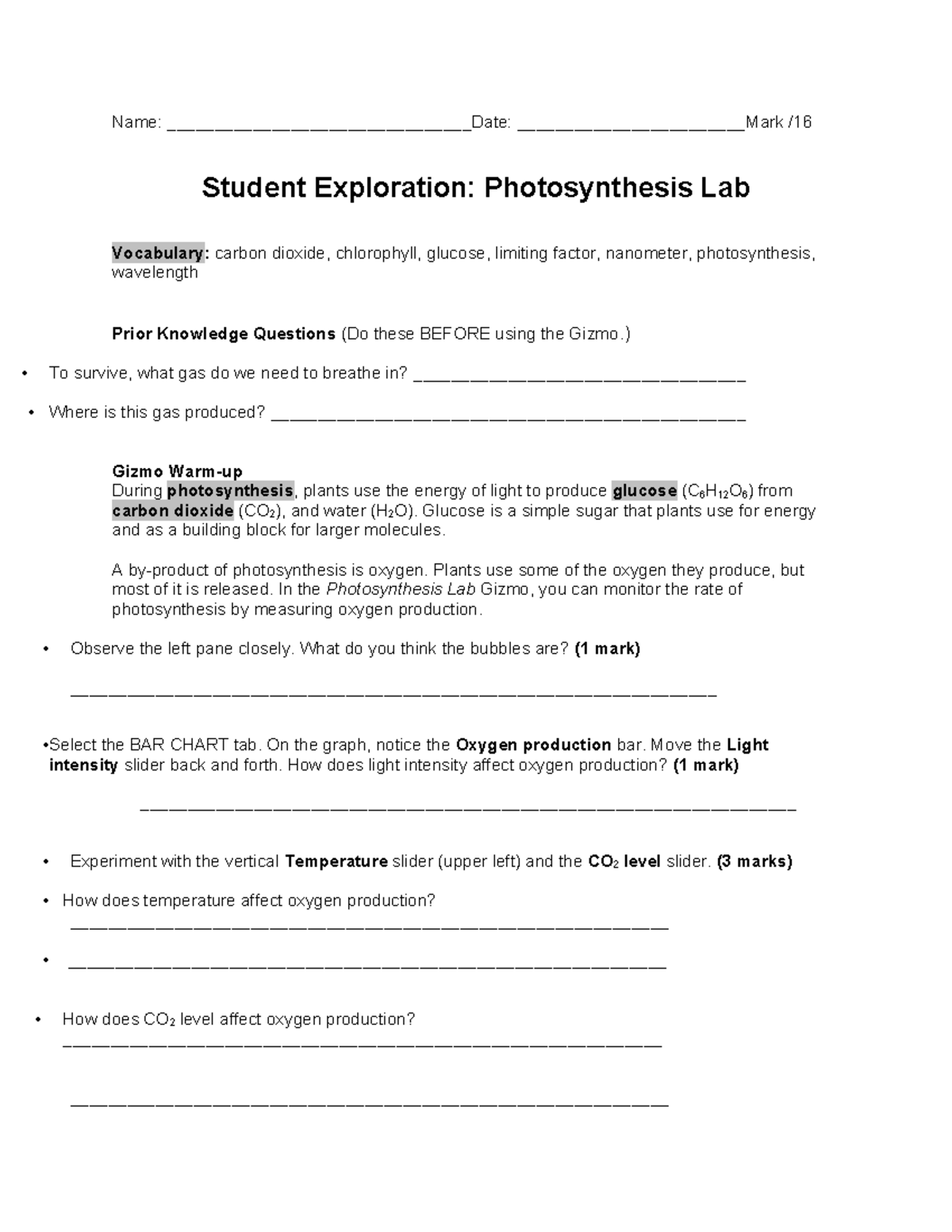 Photosynthesis Lab SE Gizmo Worksheet: Key Insights and Findings - Studocu