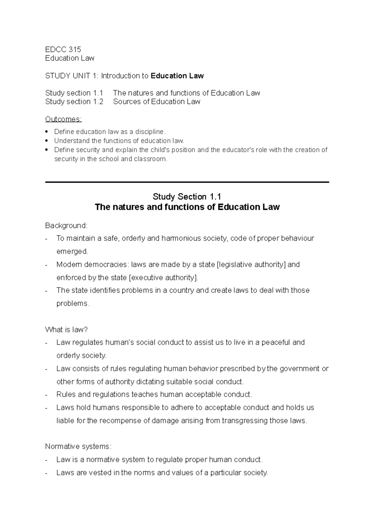 EDCC 315: Study Unit 1 - Intro to Education Law & Its Functions - Studocu