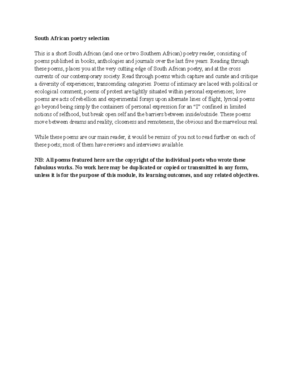 Contemporary South African Poetry Selection (2023 Reader) - Studocu