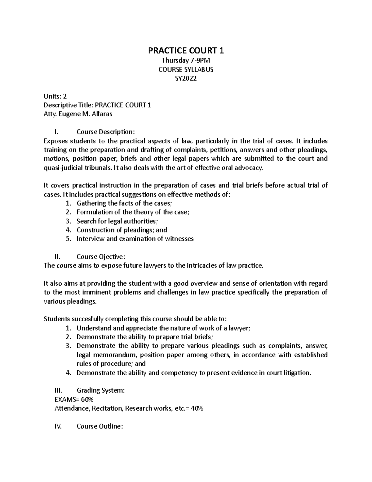 Syllabus for PRACTICE COURT 1 (PRAC 101) - Course Overview & Objectives ...
