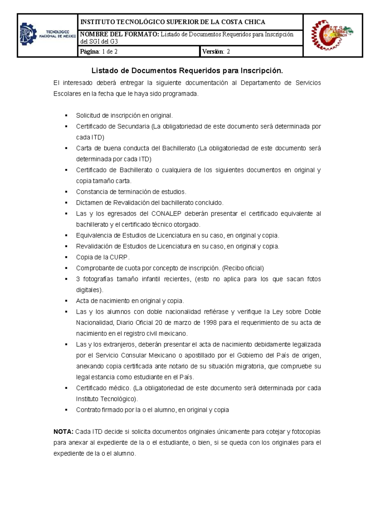 Listado de Documentos Requeridos para Inscripción SGI G3 - Studocu