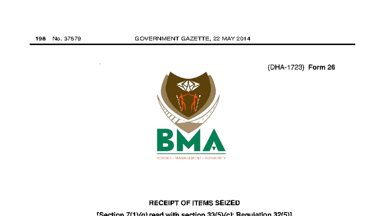 DHA-1723 Form 26: Receipt of Seized Items - Government Gazette - Studocu