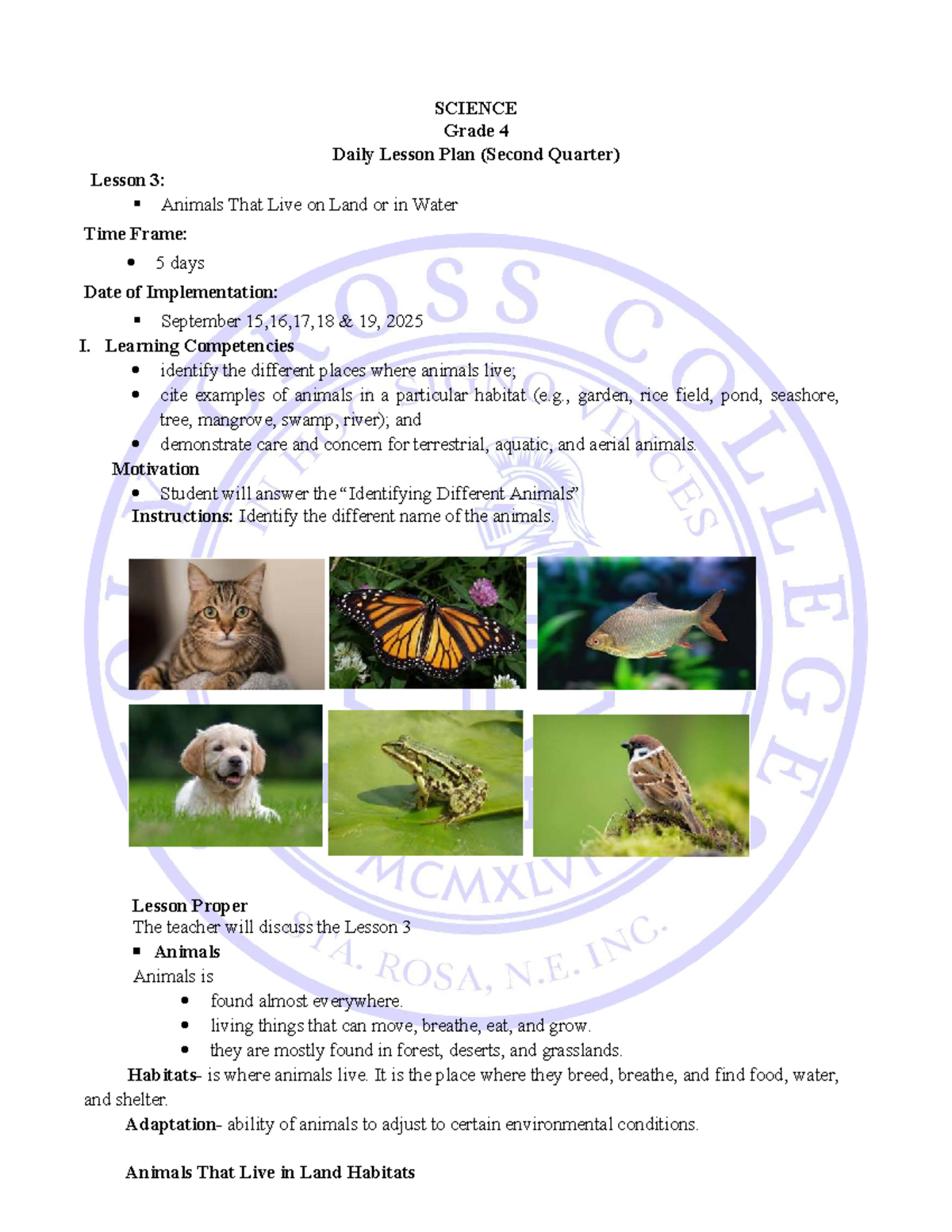 SCIENCE Grade 4 Daily Lesson Plan: Lesson 3 - Animals on Land & Water ...