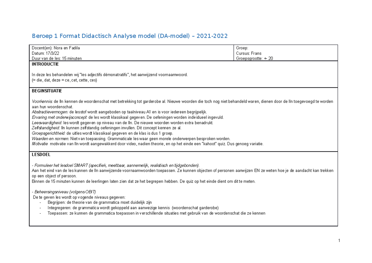Beroep 1 Didactisch Analyse Model - Les Adjectifs Démonstratifs F+N ...