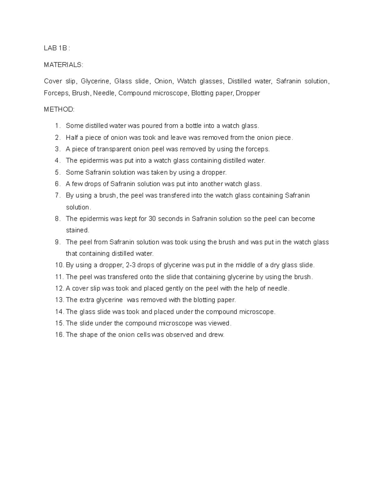 Material AND Method Onion Cells ( LAB 1 ) - Cell Biology - UiTM - Studocu