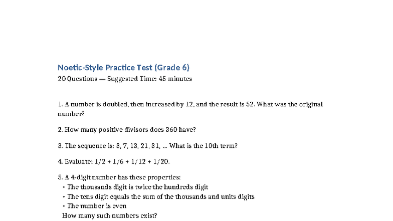 Noetic Practice Test (Grade 6) - 20 Questions Review - Studocu