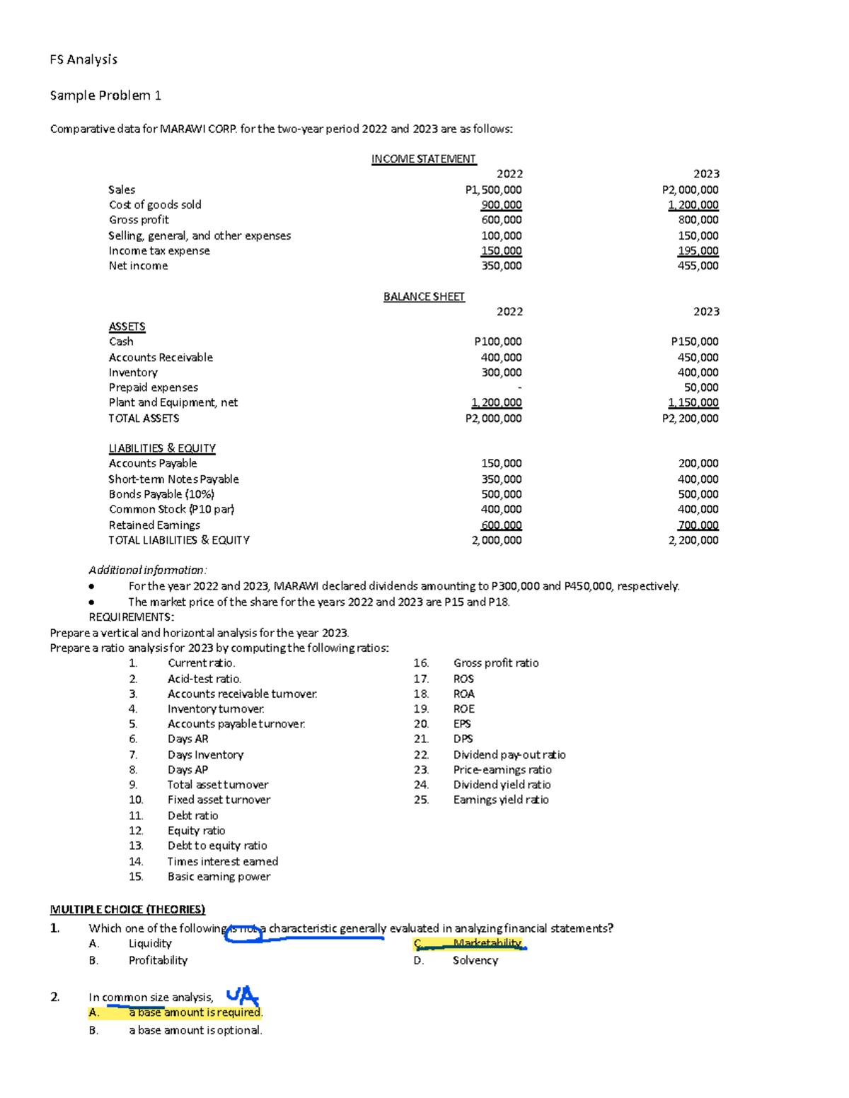 FS Analysis Sample Problem: Vertical & Ratio Analysis for 2023 - Studocu
