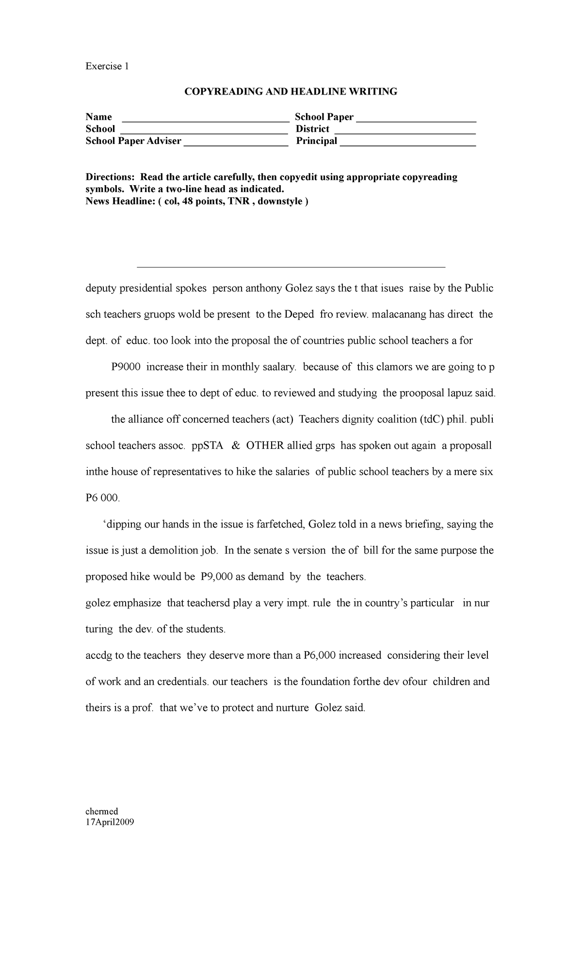 Copyreading 7: Activity Sheet for Headline Writing Exercise - Studocu