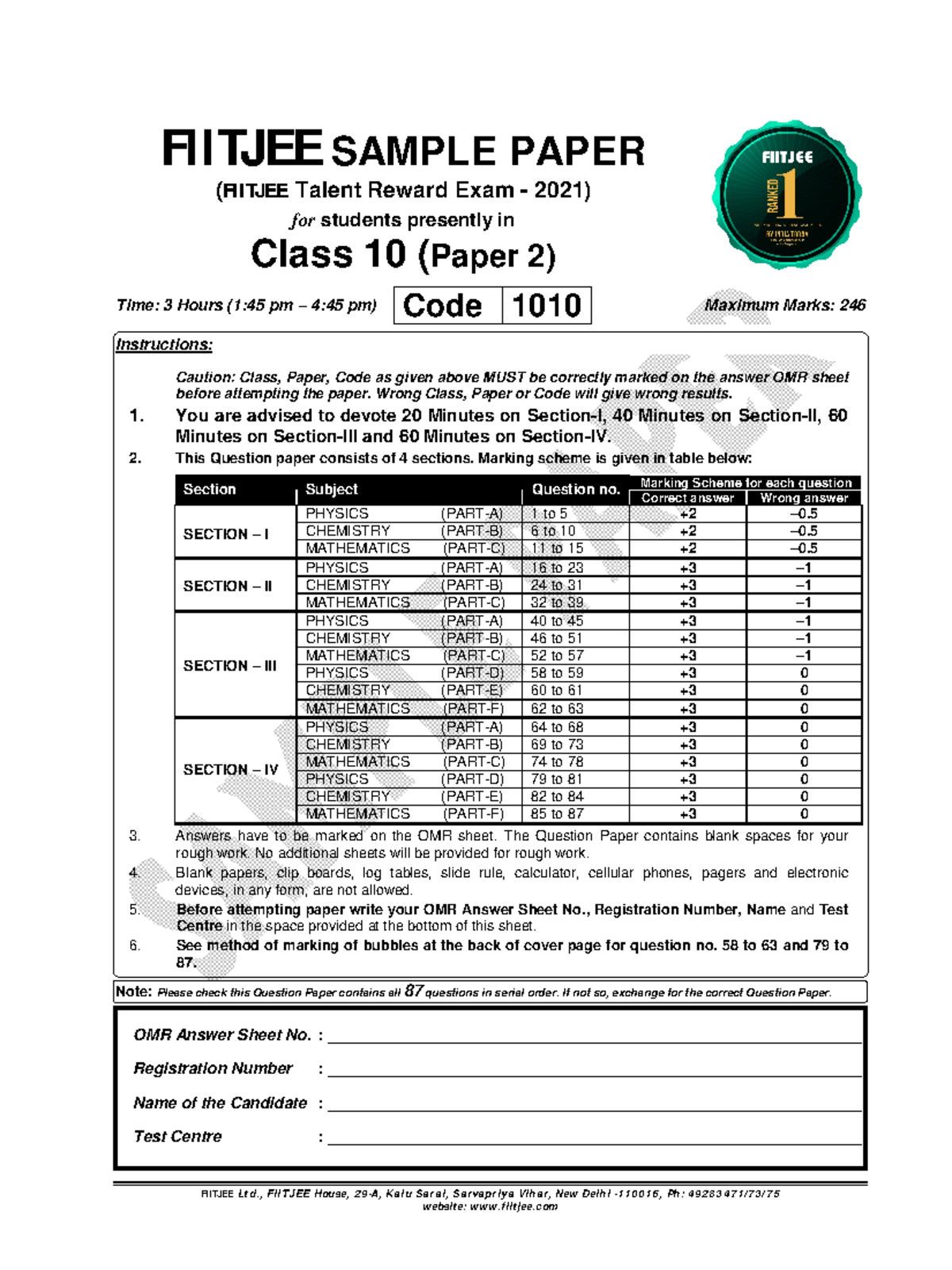 FTRE-2021-C-X-P2-PCM- Sample Paper - FIITJEE Ltd., FIITJEE House, 29-A ...