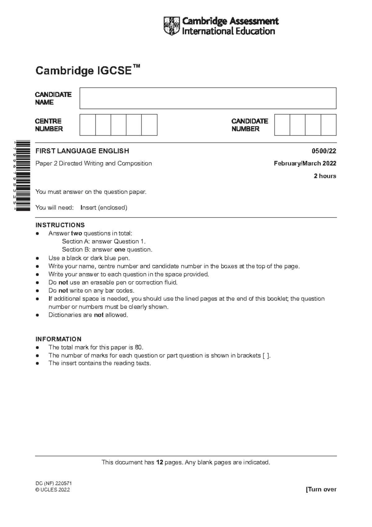 Cambridge 0500/22 First Language English Paper 2 Directed Writing 2022 ...