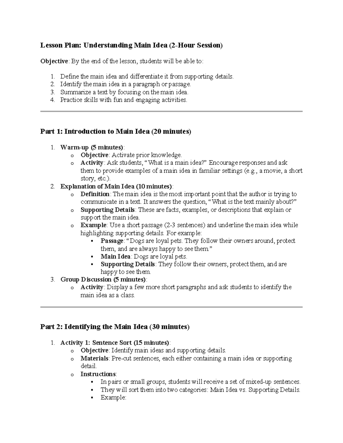 Lesson Plan: Identifying Main Idea and Supporting Details (2-Hour ...