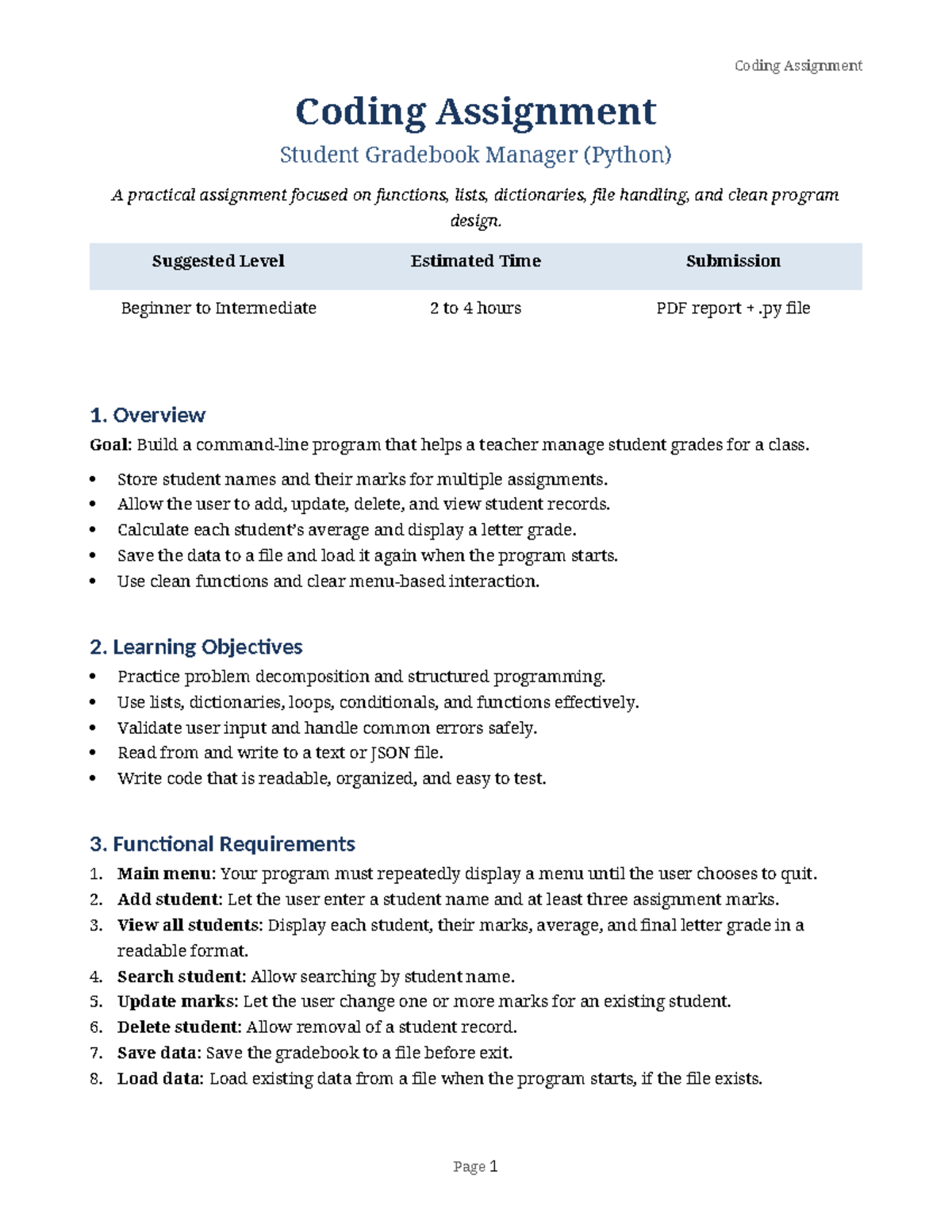 Comp Sci Year 1 - A3 Coding Assignment: Student Gradebook Manager - Studocu
