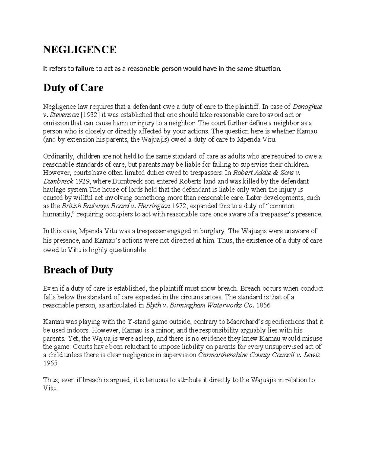 Torts 2: Understanding Negligence and Duty of Care - Studocu