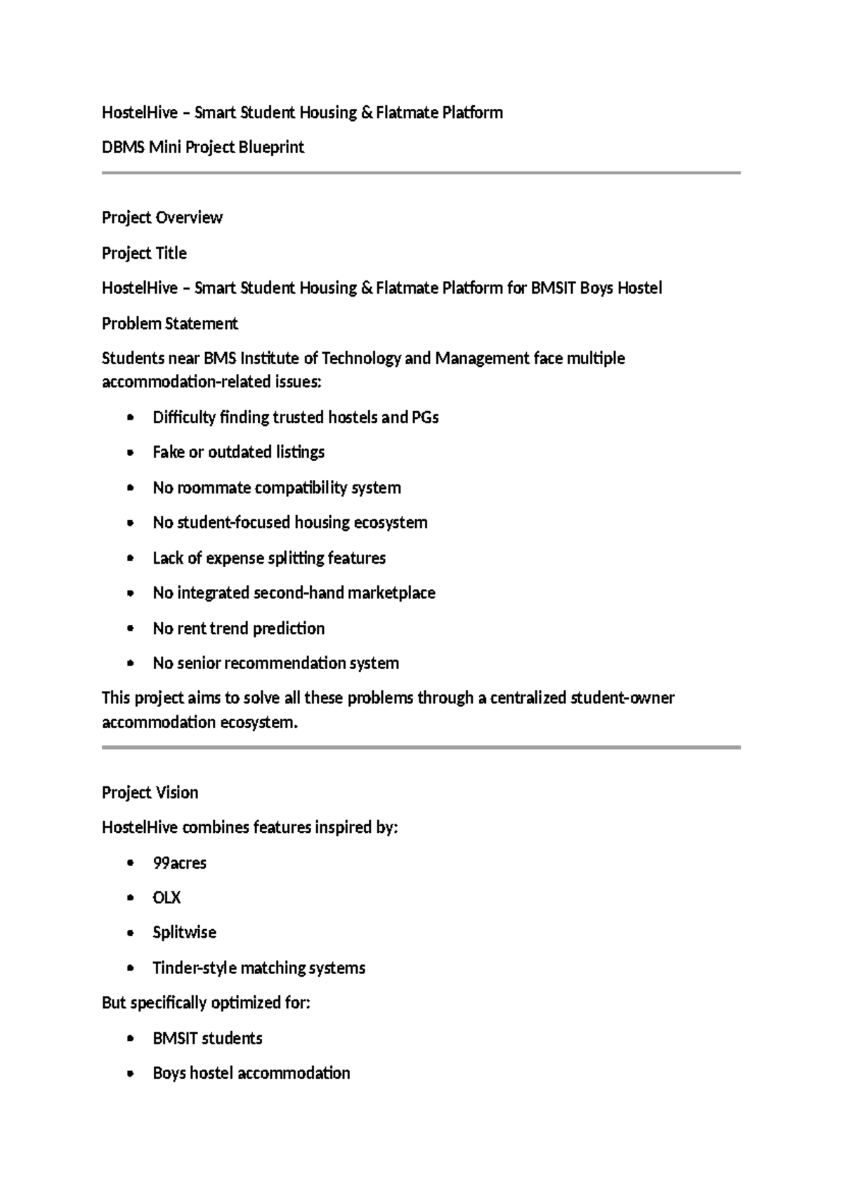 BMSIT DBMS Mini Project: HostelHive Smart Housing Platform Overview ...