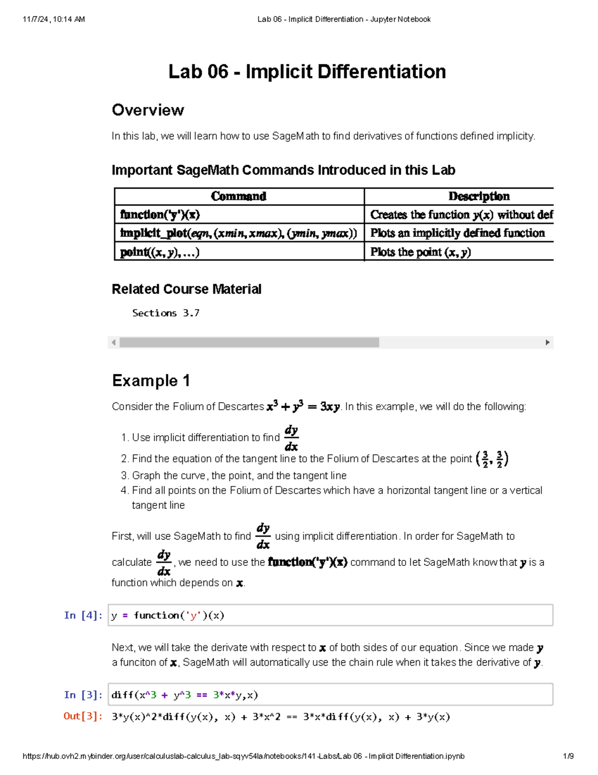 Lab 06 Implicit Differentiation Using Sagemath Jupyter Notebook