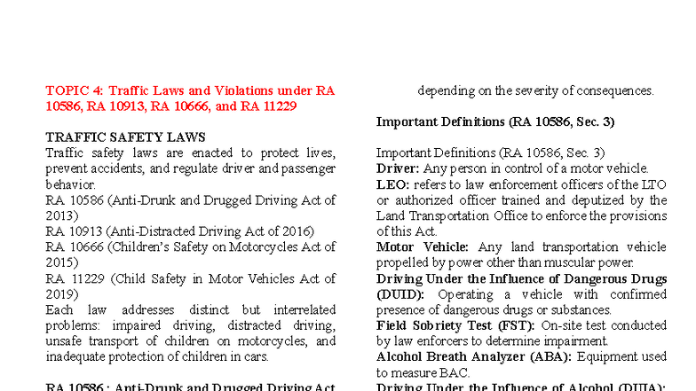 Traffic Laws and Violations: Overview of RA 10586, 10913, and 11229 ...