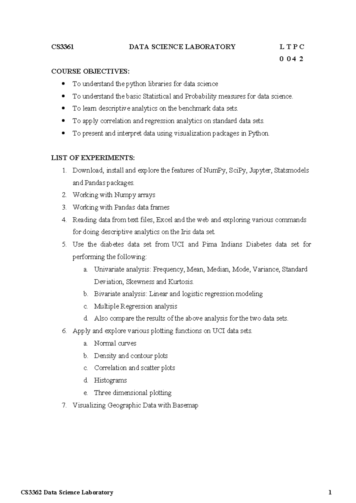 CS3361 Data Science Laboratory Manual - Final Exam Guide - Studocu