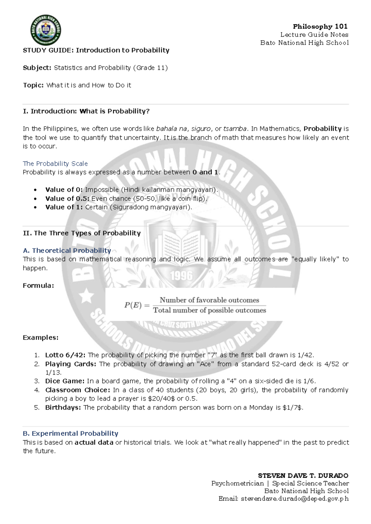 Philosophy 101 Probability Lecture Guide Notes for Grade 11 - Studocu