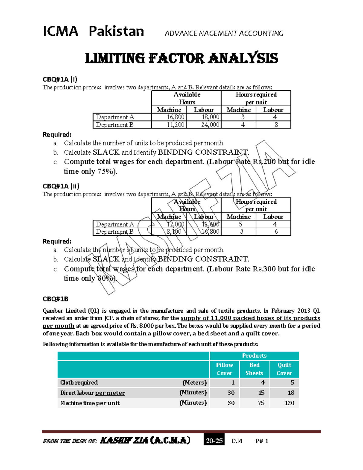 ICMA Pakistan ADVANCED MANAGEMENT ACCOUNTING: Limiting Factor Analysis ...