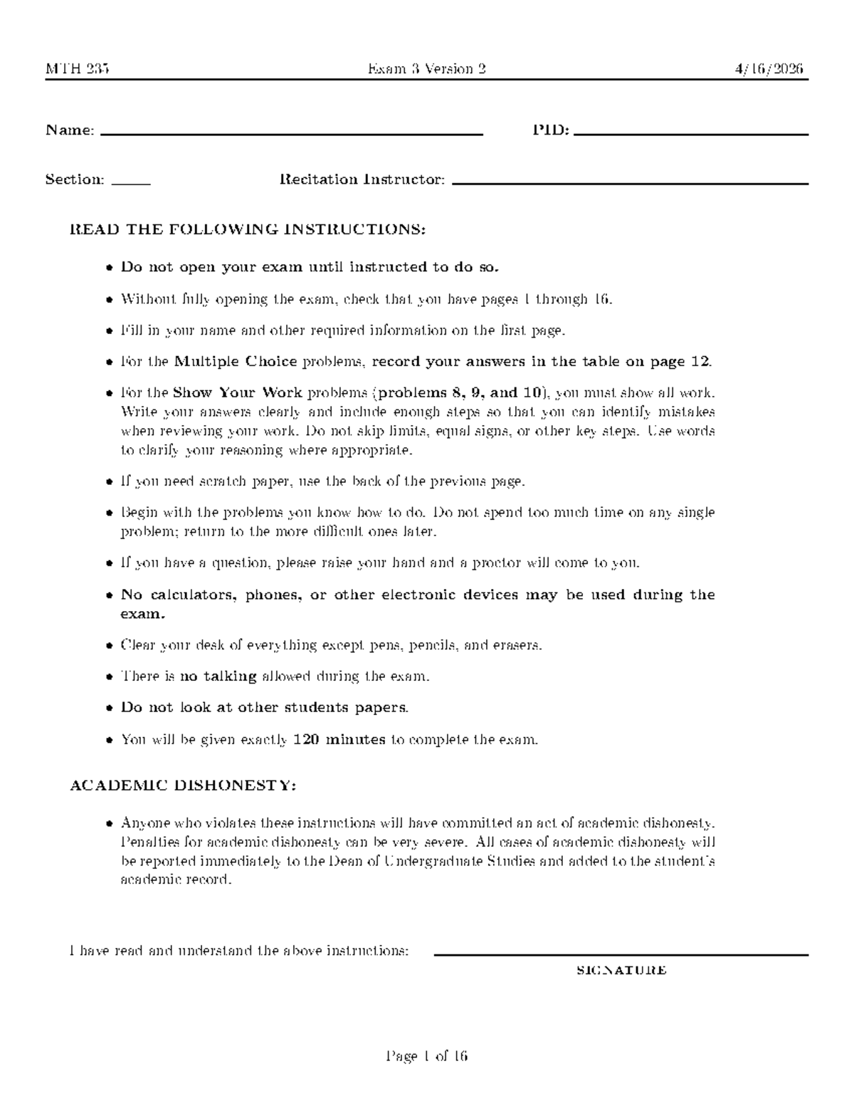 MTH 235 Exam 3 Solutions and Instructions - Studocu