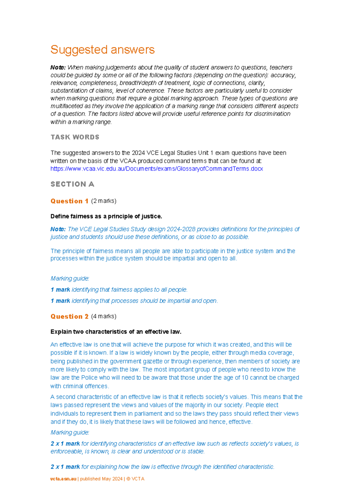 VCE Legal Studies Unit 1 Practice Exam Suggested Answers (2024) - Studocu
