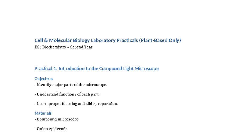 BSc Biochemistry Practical Guide: Cell & Molecular Biology Lab - Studocu