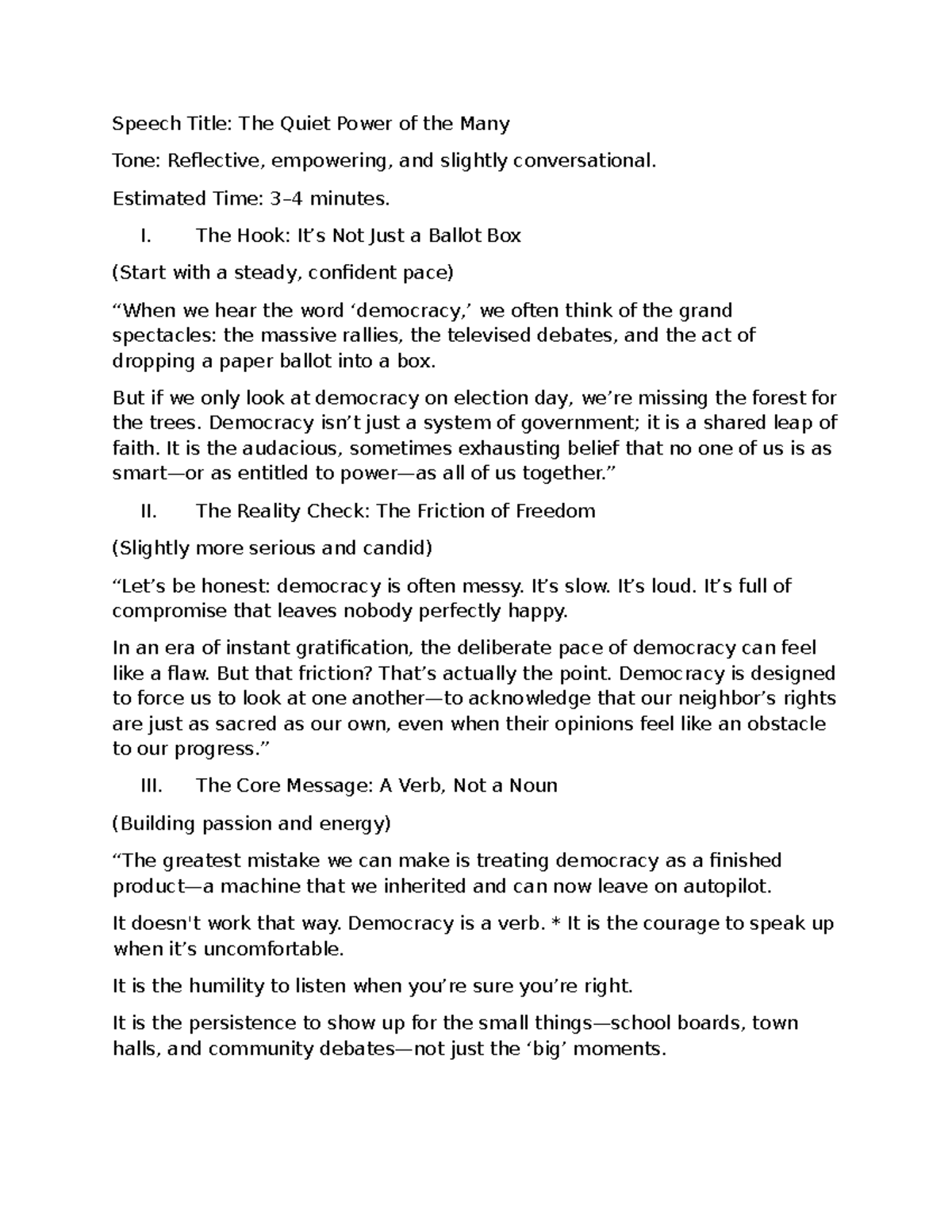ENG 101: Script for Speech on The Power of Democracy - Studocu